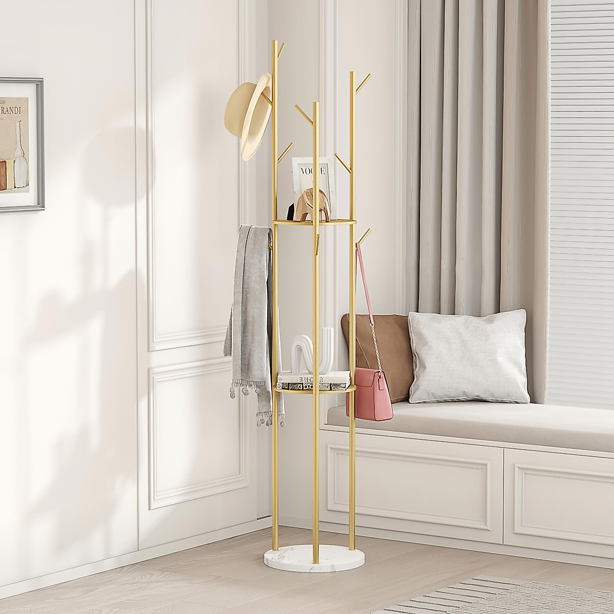 HKaikzo Gold Coat Rack Stand, Metal Coat Racks Tree Hanger Freestanding with 3 Storage Shelves and 9 High-grade Hooks and Stable Marble Base, for Jackets、Hat、Umbrella