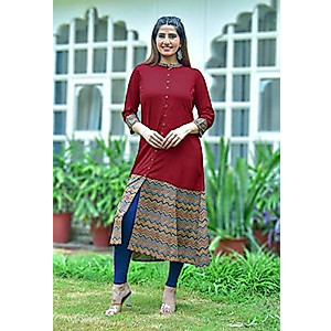 Yash Gallery Women's Rayon & Cotton Cambric Zig-Zag Print A-Line Kurta (S, Maroon)
