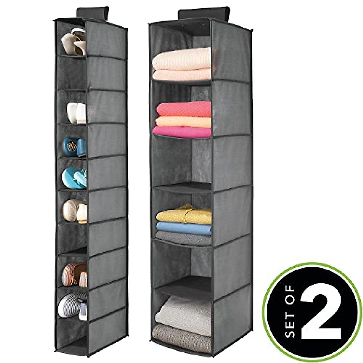 mDesign Fabric Over Rod Hanging Closet Storage Organizers, Includes a Wide 6-Shelf Sweater Organizer, and a Narrow 10-Shelf Shoe Rack - Textured Print - Set of 2 - Charcoal Gray/Black