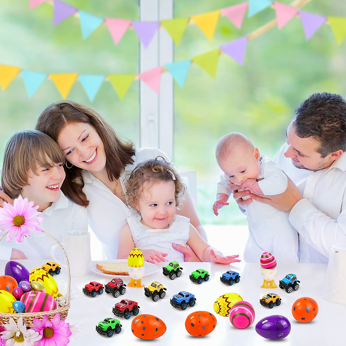 HALOGATE Easter Eggs Fillers Easter Basket Stuffers, 12 PCS Plastic Easter Eggs with Pull Back Cars Inside, Easter Egg Surprise Filled Toy Vehicles for Kids Gifts Party Favors Easter Eggs Hunt