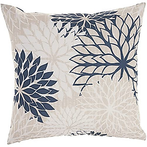 Mina Victory Aloha Floral Ivory/Navy 20" x 20" Outdoor Throw Pillow, Botanical, Patio, Couch, Bench, Easy Clean, Zipper Closure,