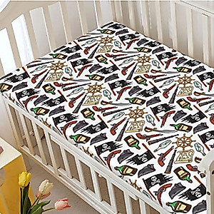 Pirates Themed Fitted Mini Crib Sheets,Portable Mini Crib Sheets Soft & Stretchy Fitted Crib Sheet-Baby Crib Sheets for Girl or Boy,24“ x38“,Multicolor