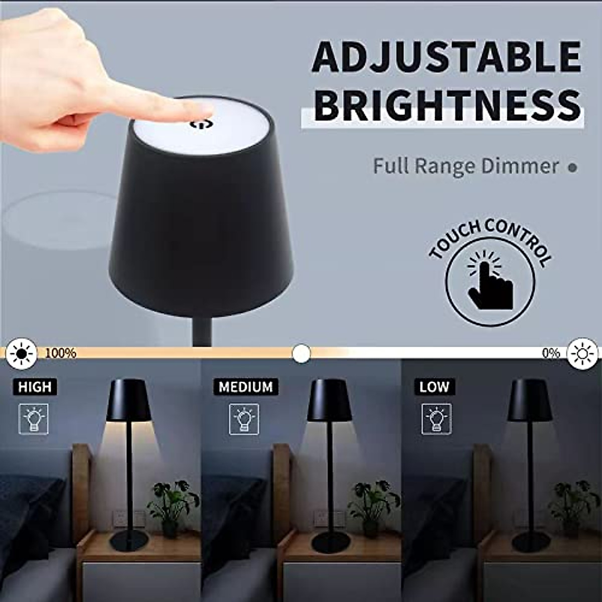 IMQSQIK Cordless Table Lamps USB Rechargeable Simplicity Desk Lamp Built-in 4600 mAh Battery LED Battery Operated lamp with Touch Control Table lamp - Bedroom/Desk/Reading/Patio(Black)