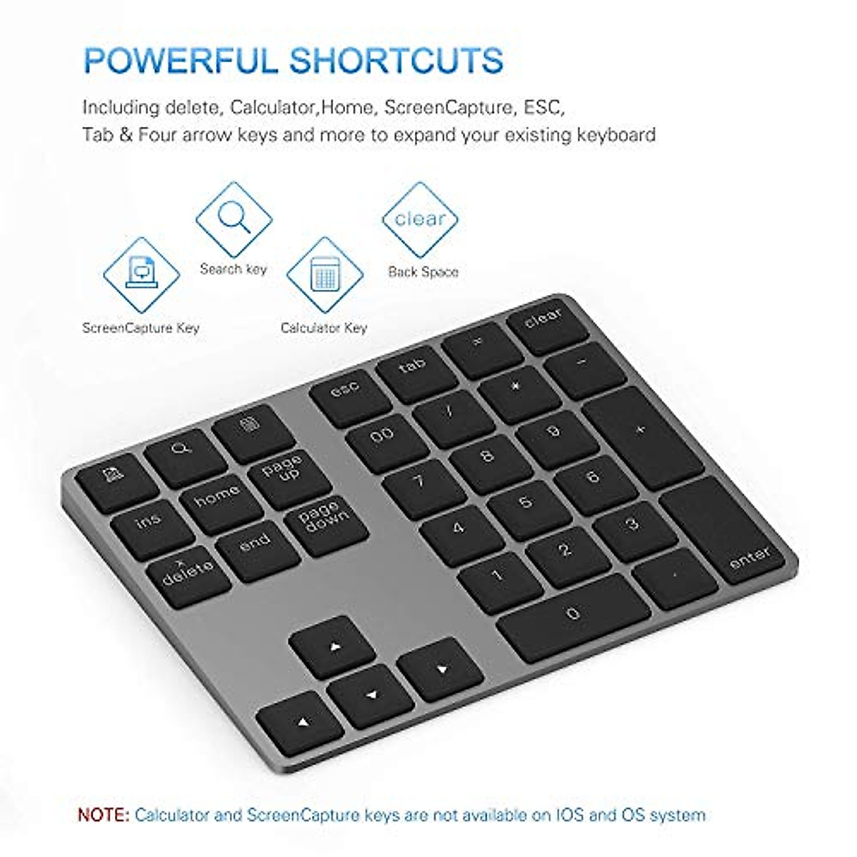 Bluetooth Number Pad, Lekvey Aluminum Rechargeable Wireless Numeric Keypad Slim 34-Keys External Numpad Keyboard Data Entry Compatible for Macbook, MacBook Air/Pro, iMac Windows Laptop Surface Pro etc