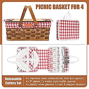 Woodchip Picnic Basket for 4 with Portable Wine Table, Woven Basket with Double Swing Handles & Removable Cutlery Service Kit, Large Basket for Picnic, Camping, Family, Wedding Gifts for Couple,Red