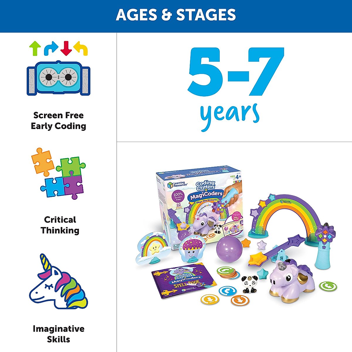 Learning Resources Coding Critters MagiCoders: Skye the Unicorn, Screen-Free Early Coding Toy For Kids, Interactive STEM Coding Pet, 22 Pieces, Ages 4+