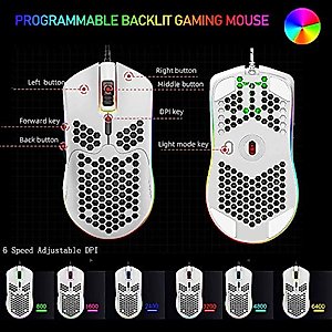 60% True Mechanical Gaming Keyboard Mouse Set, Type C Wired 61 Keys Layout Rainbow LED Backlit USB Waterproof Keyboard Anti-ghosting Keys+Lightweight RGB Mice 6400DPI for Computer/PC/Laptop/MAC(White)