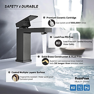 SeanPeak Matte Black Bathroom Faucet, Solid Brass Bathroom Sink Faucet, Lead-Free Single Handle Vanity Faucet with Water Supply Hoses & Pop Up Drain Stopper