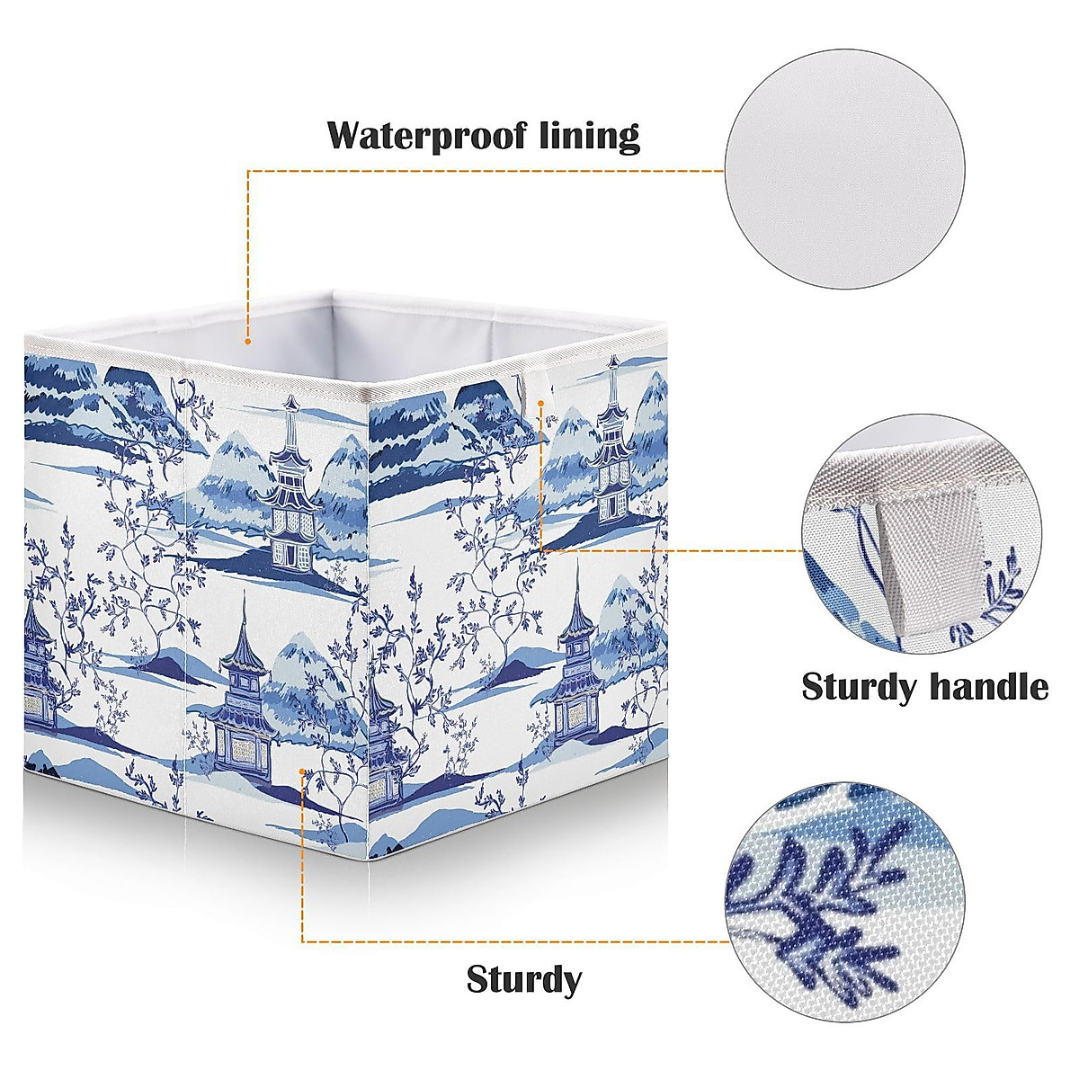 Doterii Chinese Pagodas Chinoiserie Trees Fabric Foldable Storage Cube 11 inch Open Home Storage Bins for Shelves Organizing