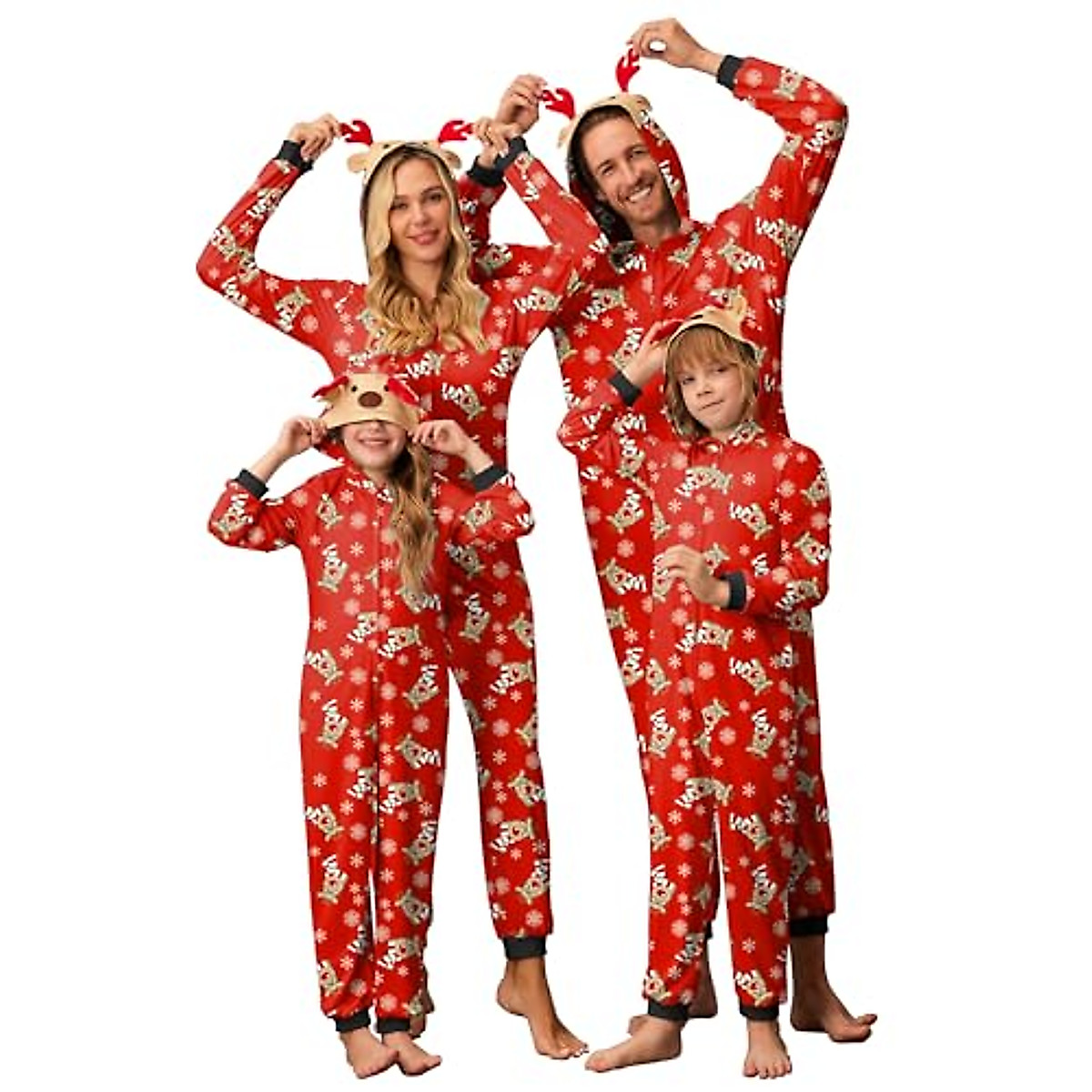 Ekouaer Christmas Onesie Matching Family Elk Antler Hooded Zipper One Piece Long Sleeve Pajamas with Pockets S-XXL