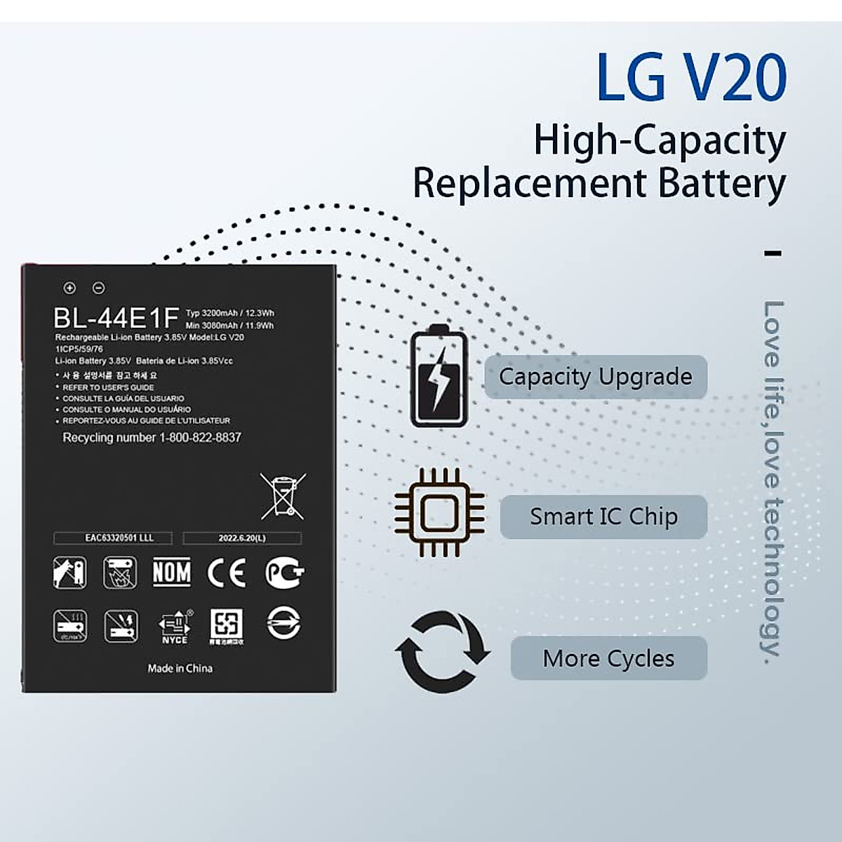 Soseieiu LG V20 Battery,(𝟮𝟬𝟮𝟱 𝗡𝗲𝘄 𝗨𝗽𝗴𝗿𝗮𝗱𝗲𝗱) Replacement Battery for LG V20 BL-44E1F H910 H918 LS997 US996 VS995,Stylo 3/Stylo 3 Plus Spare Battery 3200mAh 3.85V/12.3Wh