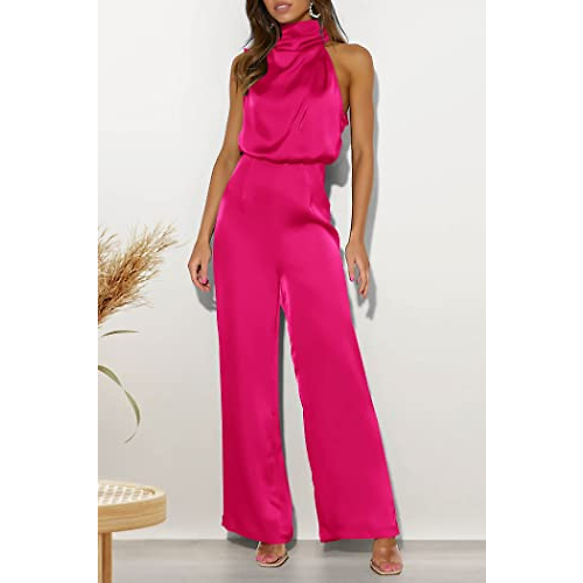 PRETTYGARDEN Women's Satin Jumpsuits 2024 Summer One Piece Outfits Mock Neck Sleeveless Wide Leg Pants Rompers (Rose Red,Medium)