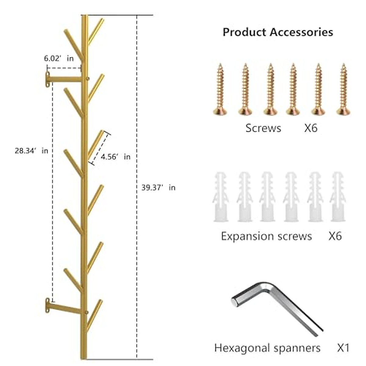 Omsaca Wall Mounted Coat Rack, Hat Tree For Wall, Modern Metal Wall Clothes Rack, Purse Rack With 11 Hooks, Space Saving And Easy Installation, Suitable For Living Room, Bedroom, Entryway-Tree Golden