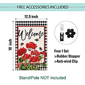 Baccessor Spring Summer Geranium Welcome Garden Flag Double Sided Summer Bee Red Floral Buffalo Plaid Small Burlap Yard Flag House Seasonal Farmhouse Outside Outdoor Decoration 12.5 x 18 Inch