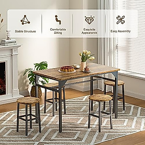 Qsun Dining Table Set for 4 People, 5-Piece Kitchen Table and Chairs Set, Retro Style Dining Table and Chairs for Small Apartment, Rustic Brown