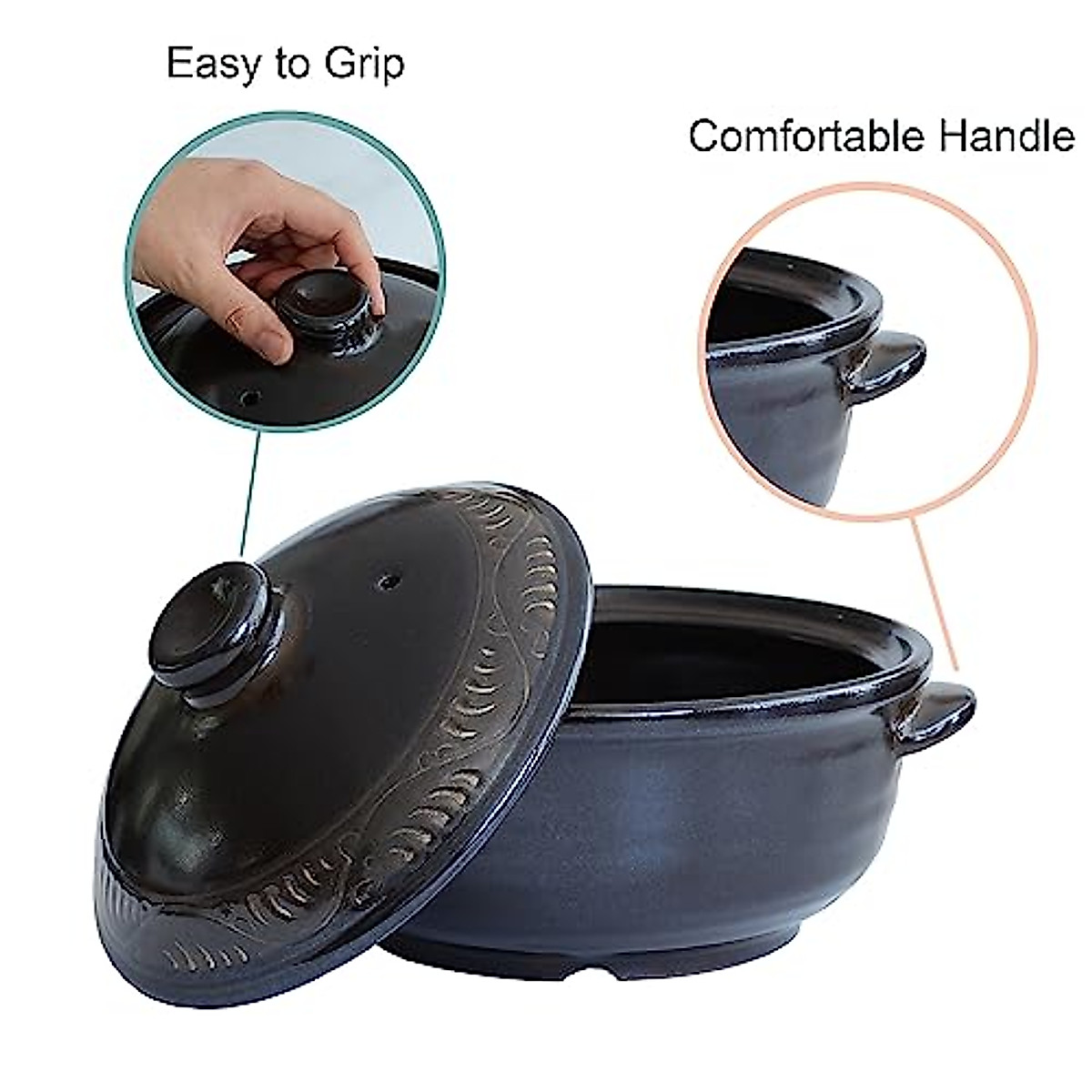 ElinCube Traditional Korean Stone Bowl with Lid (Dolsot), Sizzling Hot Pot for Bibimbap and variety Soup - Premium Ceramic Cookware