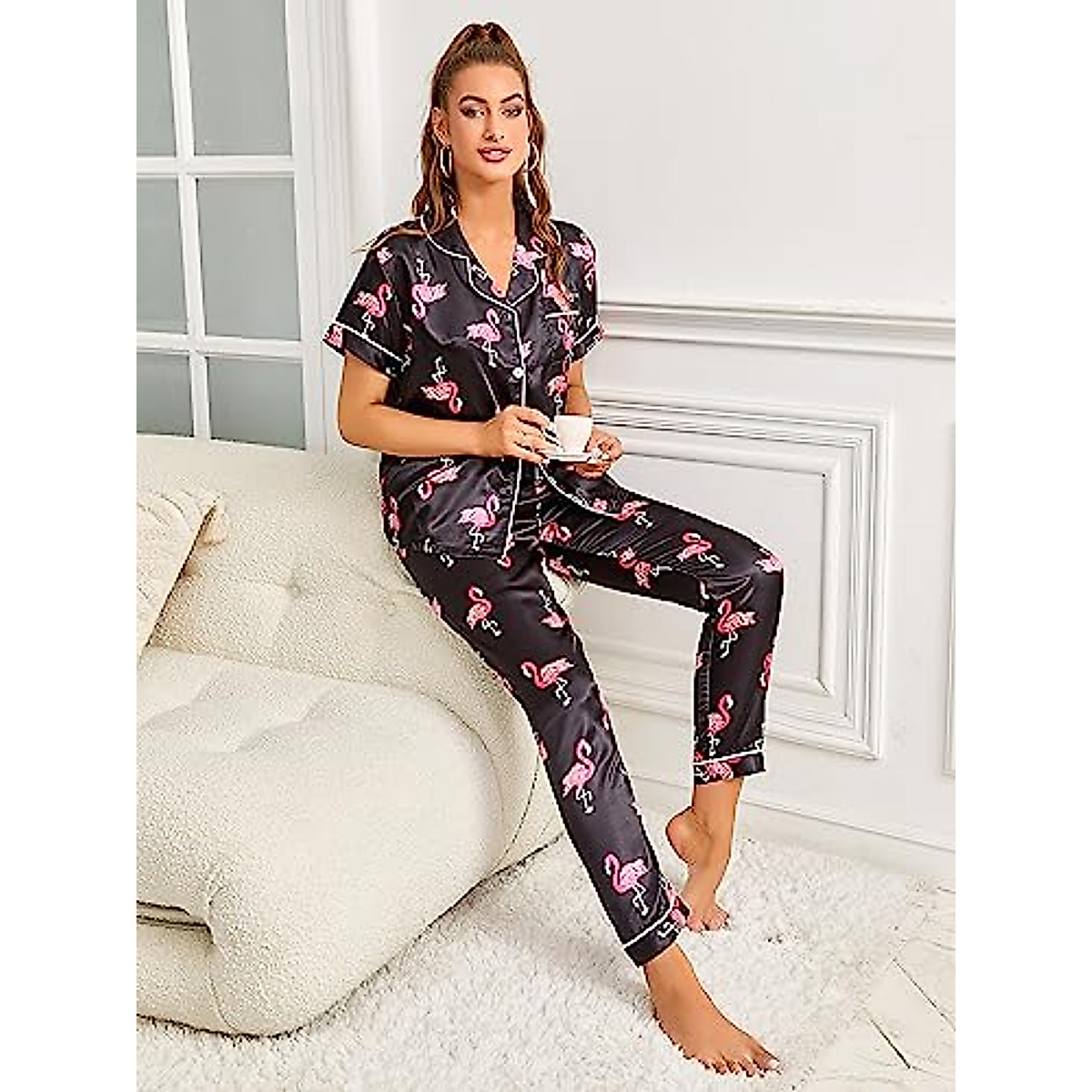 WDIRARA Women's 2 Piece Sleepwear Striped Satin Short Sleeve Shirt and Pants Pajama Set Animal Black M