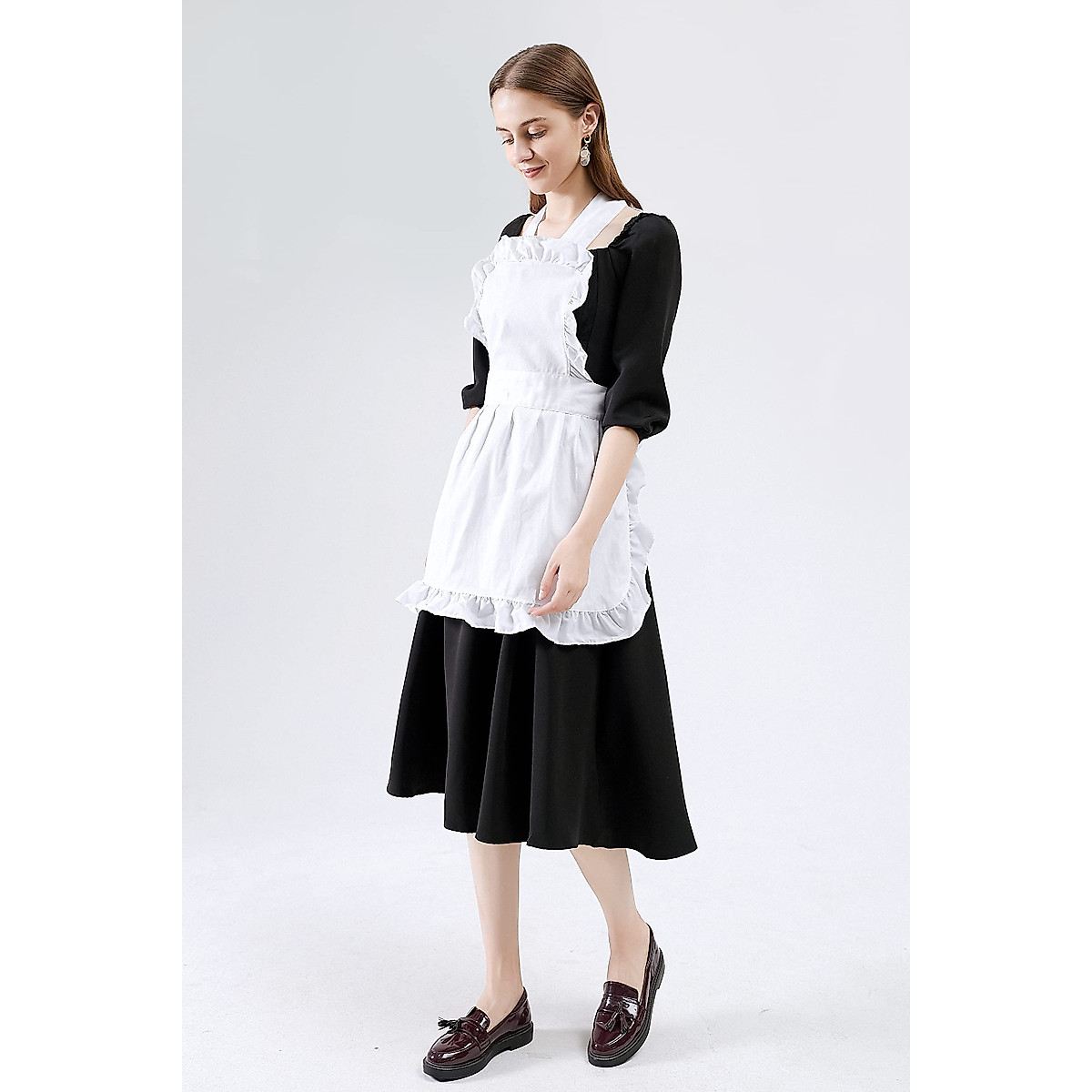 LilMents Women's Ruffle Outline Retro Apron Kitchen Cake Baking Cooking Cleaning Maid Costume (White)