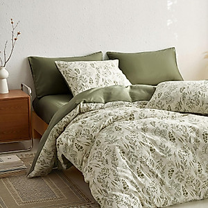 Bildenly Floral Duvet Cover Set King Size Reversible Olive Green Botanical Flower Bedding Set 3 Pieces Vintage Flower Aesthetic Soft Lightweight Comforter Cover Set for Women Girls with 2 Pillowcases