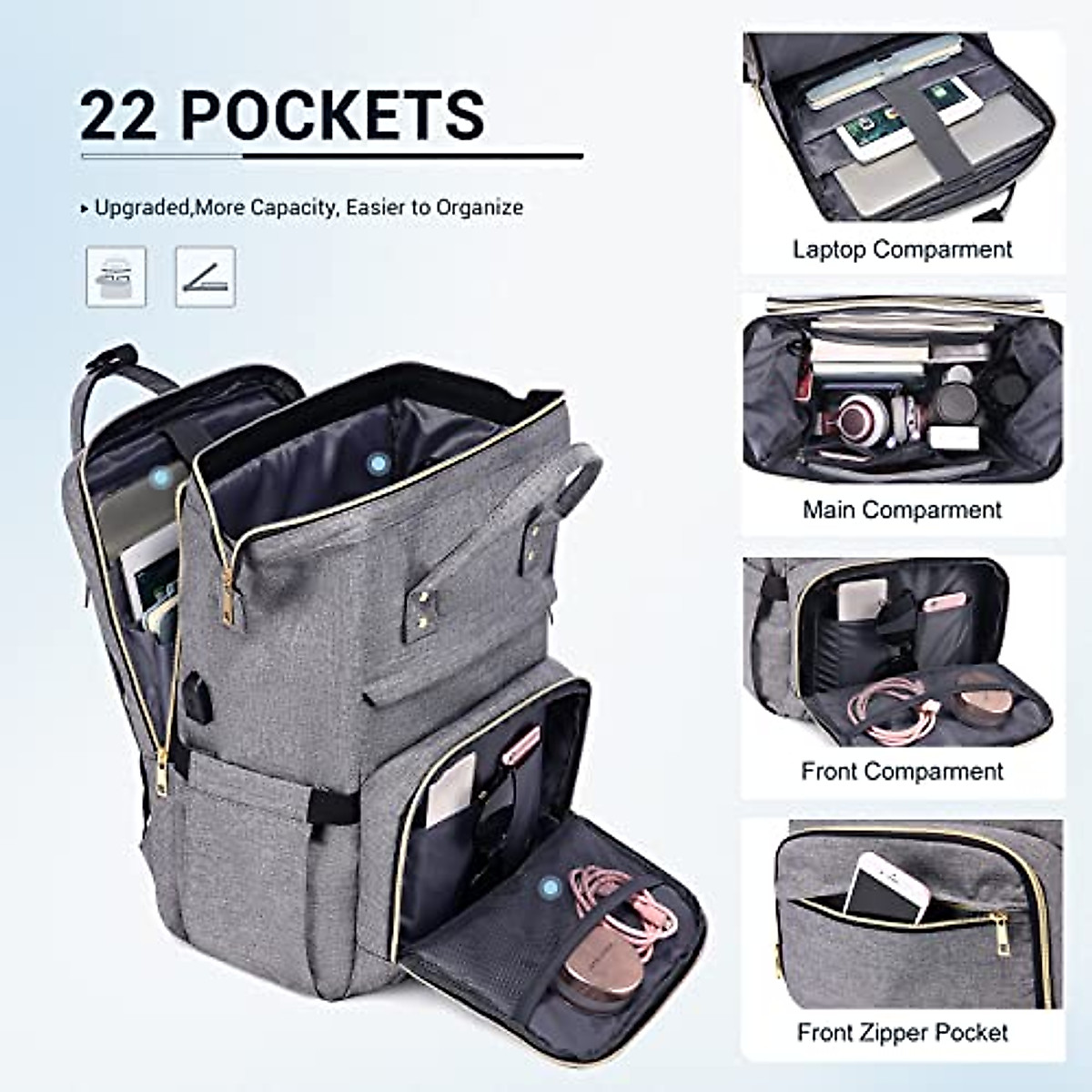 LOVEVOOK Laptop Backpack Women, 15.6 Inch Computer Backpack with Charger, Water Resistant Teacher Bag Work Backpack with Laptop Compartment for Travel Business College, Grey