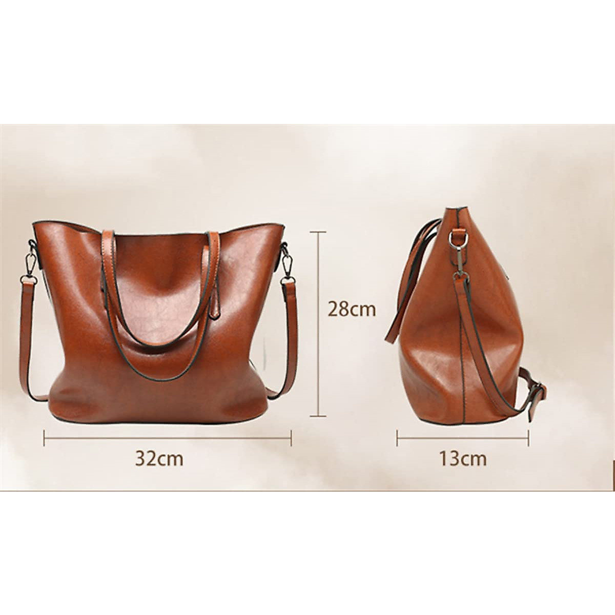 Women's oily leather totebag,Vertical zipper open shoulder bag,Women's cross body bag (Khaki)