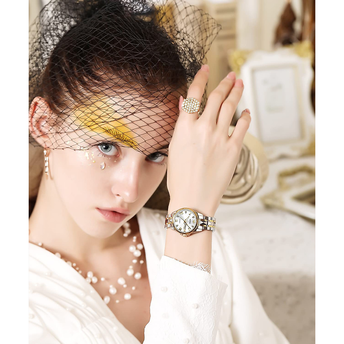 OUPINKE Automatic Womens Watches Self Winding Mechanical Luxury Dress Diamond Dial Tungsten Steel Wrist Watches for Women Date Waterproof Luminous