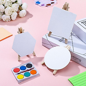 Soaoo 12 Sets 4x4 Inch Mini Canvas and Easel Set Wooden Mini Art Easel Canvas Painting Set with 12 Boxes Watercolor Paint for Kids Teenagers Paint and Sip Art Party Supplies