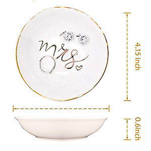 Quany Life Mrs Jewelry Dish Ceramic Ring Trinket Tray Wedding Gift for Bride Desk Storage for Mrs Engaged Gifts Mr Mrs Gold Engagement Gifts Friend