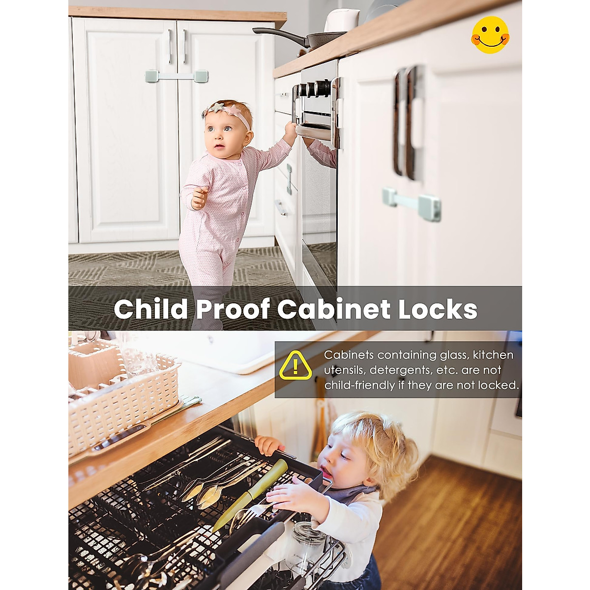 2 Pack Baby Proofing Safety Locks for Cabinet Drawer Fridge Oven Dishwasher Doors, Toilet Seat & Lid, Adjustable Furniture Latches and Straps, 3M Adhesive No Drilling and Button Unlock Design