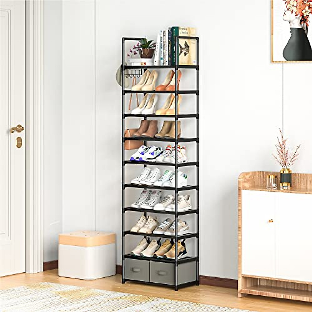 OYREL Sturdy Metal Shoe Rack Organizer,Narrow Shoe Racks for Closets, Shoe Stand,Shoe Shelf (10 Tier with 2 Boxes and 1 Hook)