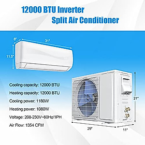Mini Split AC, 12000 BTU Mini Split Air Conditioner & Heater Ductless Inverter System, Wall-Mounted Ductless AC cools up to 750Sq.Ft, Energy Efficient Inverter AC with Heat Pump; Installation Kit
