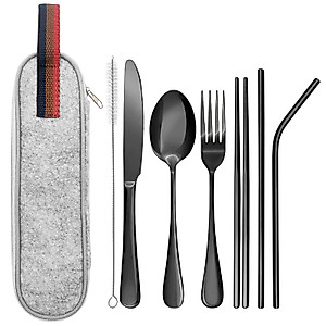 Travel Silverware Set with Case,Travel Flatware Set Includes Chopsticks Reusable,Fork, Knife and Straws, Black Utensils Set, Reusable Silverware for Lunch