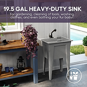 Utility Sink with One-Handle Matte Black Plastic Faucet – Polypropylene Laundry Sink, Grey Garage Sink, Indoor & Outdoor Use – Complete Sink Set by Noah William Home (24” X 22” X 34” 19.5 Gallons)