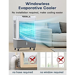 Evaporative Air Cooler, Breezewell 2100 CFM Outdoor Air Conditioner, 8 Gallon Windowless Air Conditioner for Room w/ 3 Speed, 4 Ice Pack, 4 Scroll Casters, Swamp Cooler for Outdoor Indoor Use