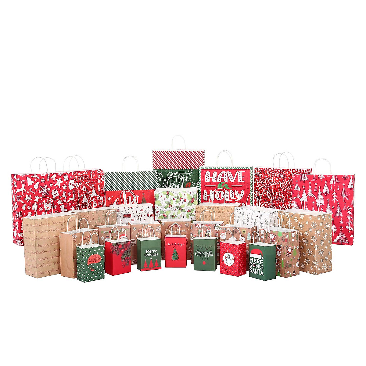Sattiyrch Christmas Gift Bags 28 Count,Xmas Holidays Kraft Gift Bag Assorted Sizes,7 Jumbo, 7 Large, 7 Medium, 7 Small