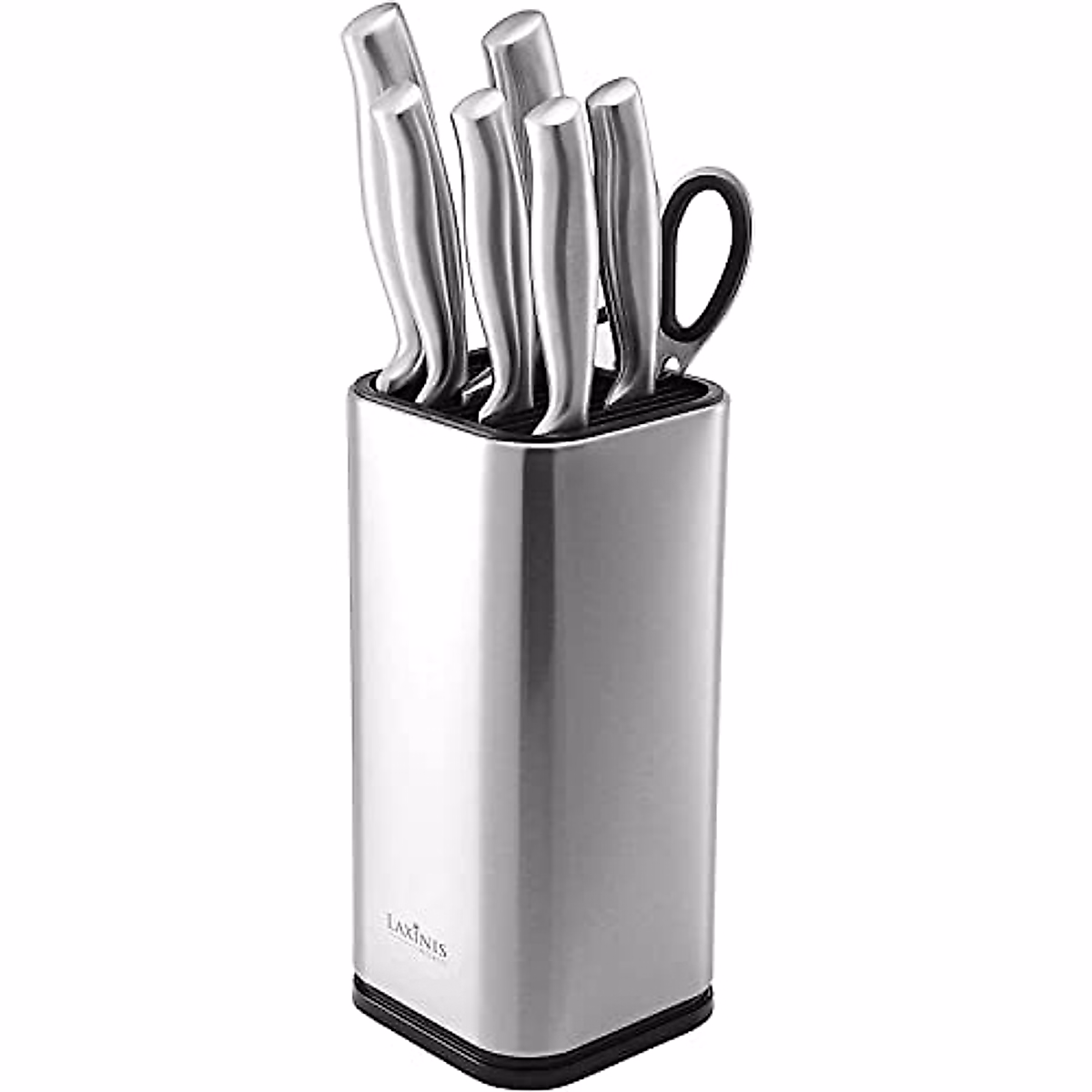 Laxinis World Universal Knife Block, Stainless-Steel Modern Rectangular Design with Scissors-Slot, Knife Holder Counter-top Storage, Holds 12 8”-Blade Knives, 9.1” by 4”(knives not included)