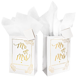 ECOHOLA Mr & Mrs Paper Gift Bags, 24 Pieces Metallic Gold Foil Goodie Bags Fancy Wedding Gift bags for guests, 8"X5.5"X2.5"