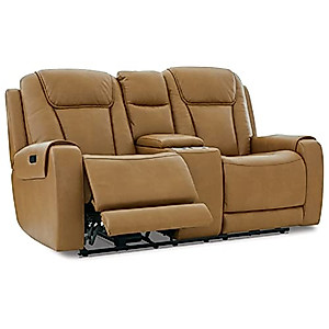 Signature Design by Ashley Card Player Contemporary Faux Leather Tufted Power Reclining Loveseat with Control and Adjustable Headrest, Light Brown