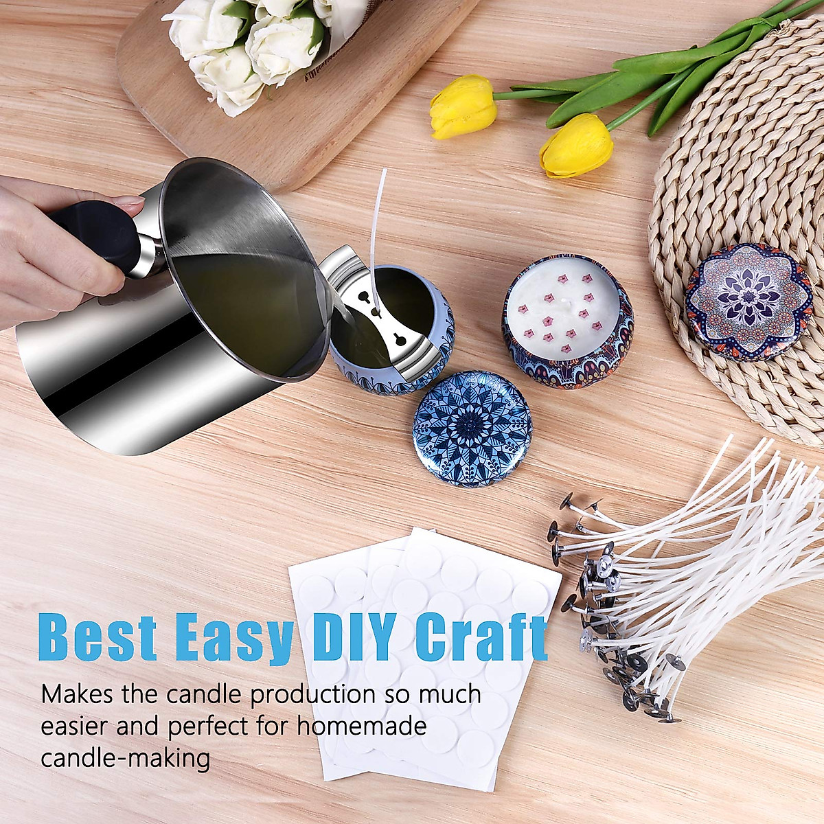 Candle Making Pouring Pot, DINGPAI 44oz Double Boiler Wax Melting Pot, 1pc Spoon, 304 Stainless Steel Candle Making Pitcher, Silver Color with Heat-Resistant Handle and Dripless Pouring Spout Design