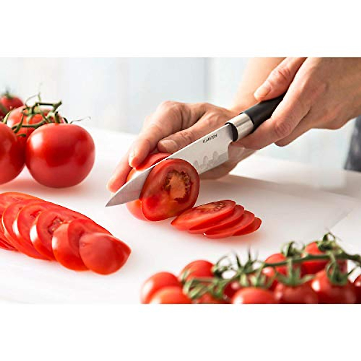 KLARSTEIN Kitano - 8 Piece Professional Chef Kitchen Knives Set with Block, Stainless Steel Blades, Anti-Slip Handles, Japanese Design, Touch of Far East - Piano Black