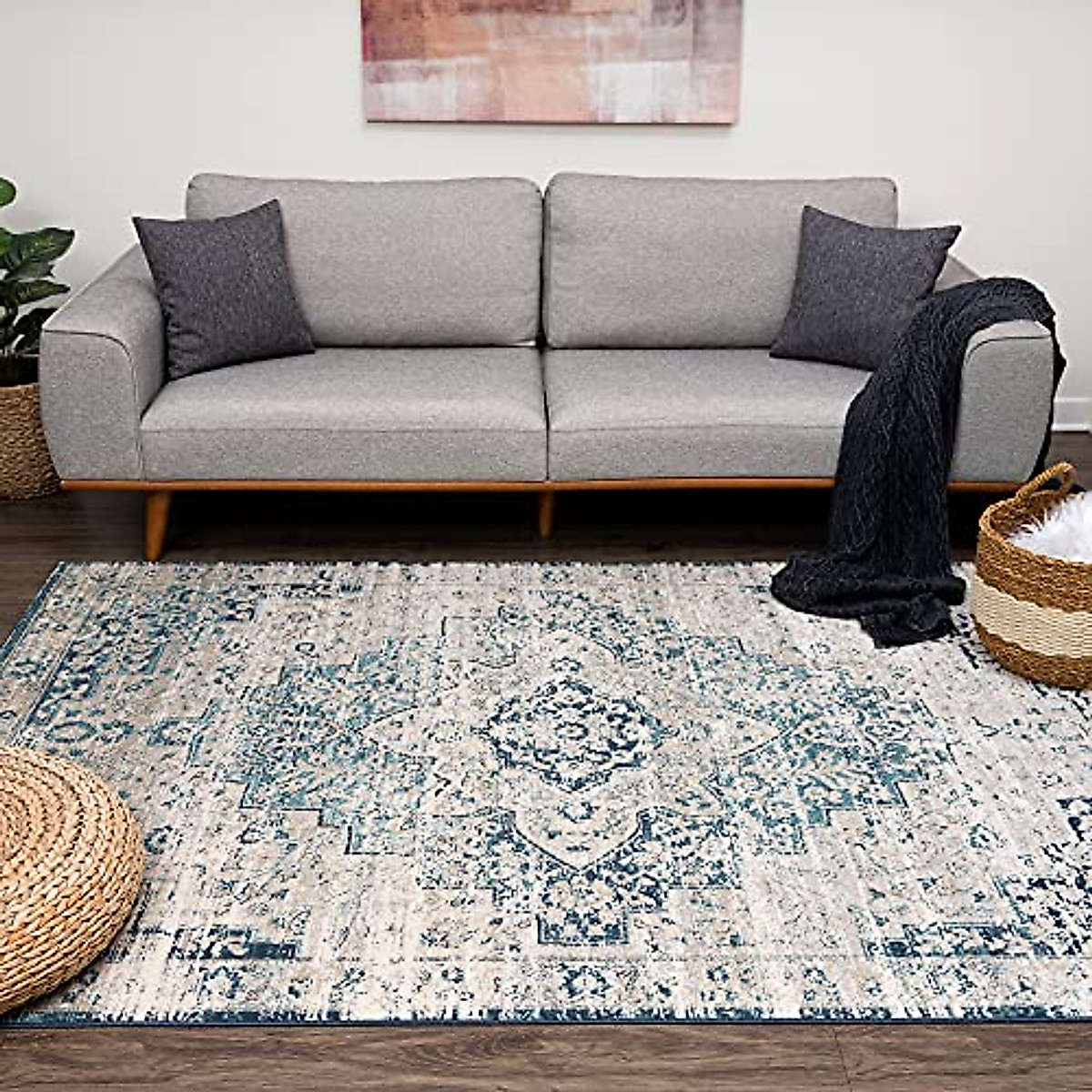 Bloom Rugs Traditional Blue Gray Area Rug - Vintage Boho 6x9 Rug for Living Room, Bedroom and Kitchen (6'6" x 9')