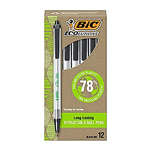 BIC Ecolutions Clic Stic Black Ballpoint Pens, Medium Point (1.0mm), 12-Count Pack, Retractable Ball Point Pens Made from 78% Recycled Plastic