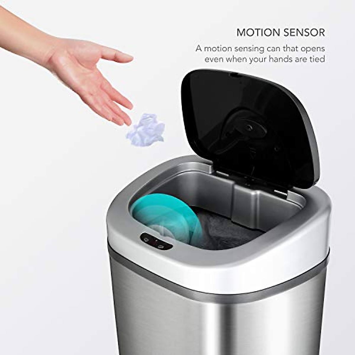 NINESTARS Automatic Touchless Infrared Motion Sensor Trash Can with Stainless Steel Base & Oval, Silver/Black Lid, 21 Gal