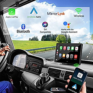 APHQUA Portable Carplay with Wireless Apple Carplay & Android Auto, 9 Inch IPS Touchscreen Car Stereo Radio Receiver with Light-Sensitive Mirror, Bluetooth, Google, Siri, WiFi, GPS Navigation, Black