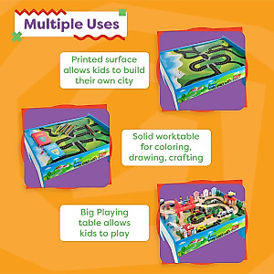 Wooden Train Set Table for Kids, Deluxe Had Painted with Tracks, Cars, Boats, and Accessories for Boys and Girls by Hey! Play!