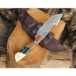 SHOKUNIN USA CaptainHook Hunting Knife High Carbon Steel Damascus Fixed Blade Full Tang Survival Tactical Knife with Sheath and Non-Slip Ergonomic Handle for Outdoor Camping