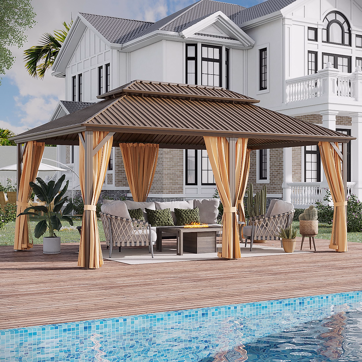 GAZEBEST 12x18 ft Hardtop Gazebo Outdoor Aluminum Patio Gazebo Double Roof Galvanized Steel Canopy with Netting and Curtains for Garden, Backyard, Deck and Lawns.
