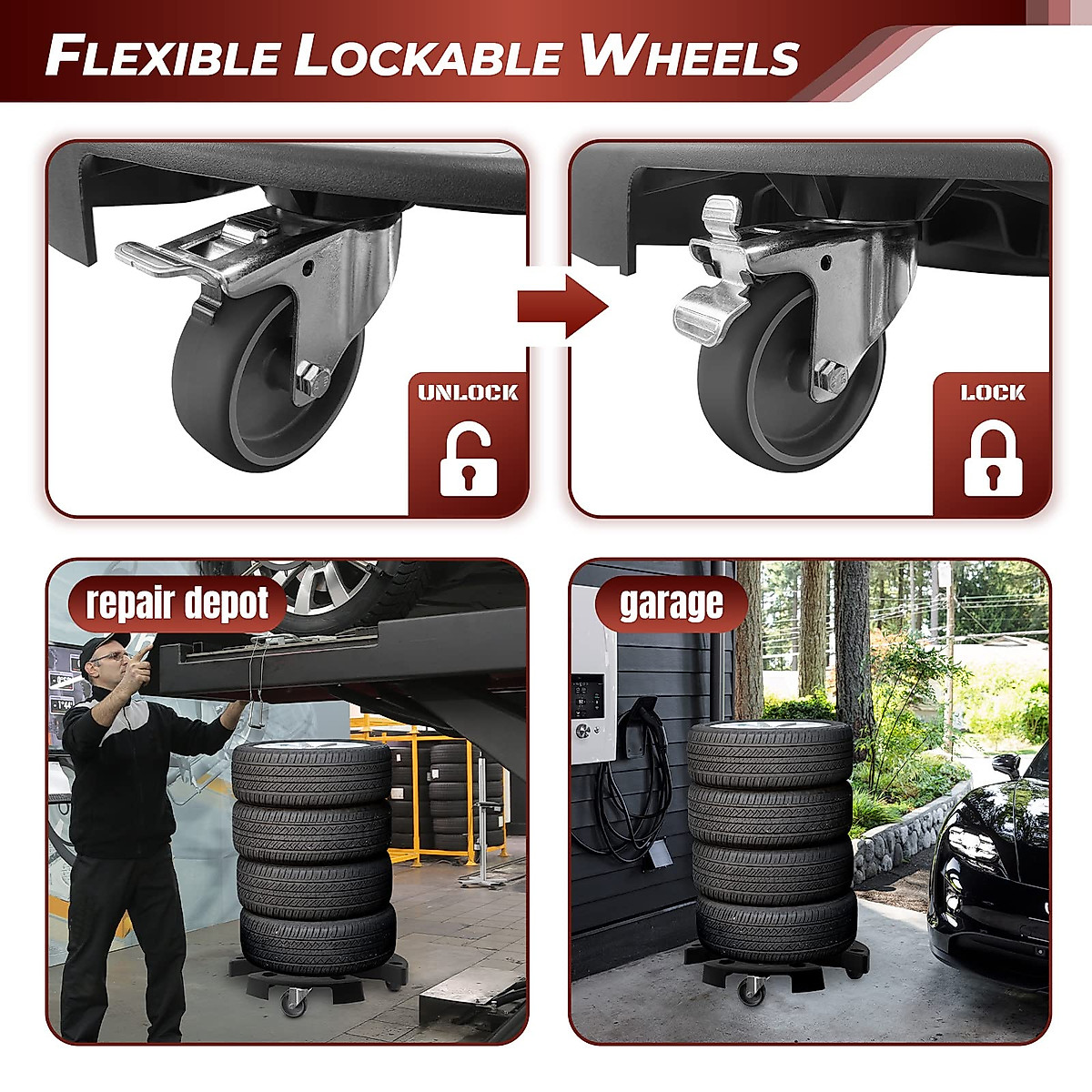 ROBLOCK Flat Moving Tire Dolly with 4 Wheels Capacity 300 LBS, Furniture Dolly Appliance Movers with Lockable Wheels, Heavy Duty Rolling Plant Stand with Casters for Garage Home, 25" x 25" x 4", 1 PC