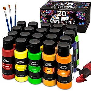 Outdoor acrylic paint set (2 fl oz)- 20 Tubes 2 with Glow in the Dark Effect - Art supplies for Adults - For multiple use- Woods, Leather, Metal & Fabric Paint & Paint for rocks Outdoor/Craft paint