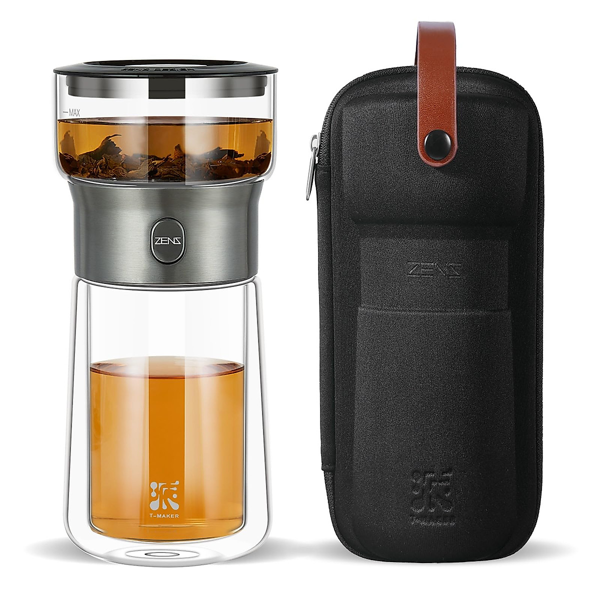 ZENS Modern Small Glass Tea Infuser Teapot, 3-in-1 Smart One Touch Tea Maker for Loose Leaf Tea Steeper, Solo Simple Tea Strainer with 9oz Double Walled Tea Cup for Hot Black, White Tea Diffuser.